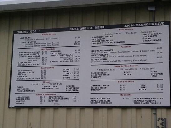 Menu at BBQ Hut, Magnolia
