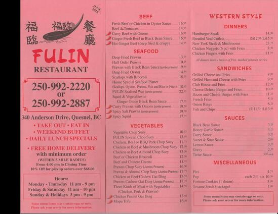 Menu at Fulin Restaurant, Quesnel