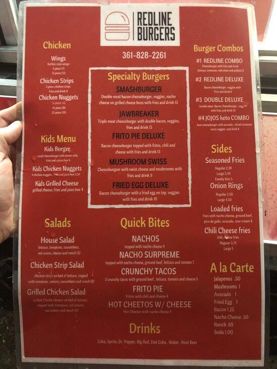 Menu at Redline Burgers restaurant, Corpus Christi