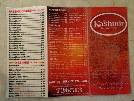 Menu at The Kashmir Restaurant, Bradford
