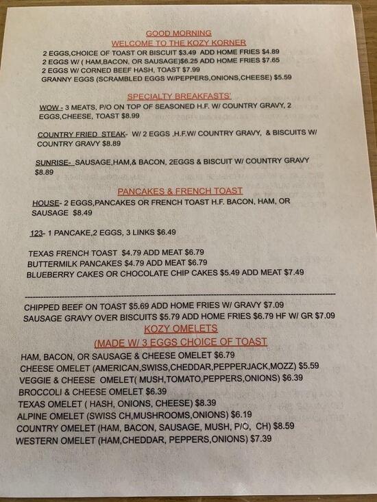 Menu at Kozy Korner restaurant, USA, NY-226