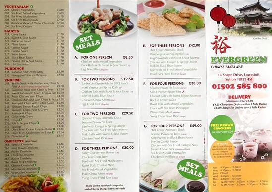 Menu at Evergreen fast food, Lowestoft