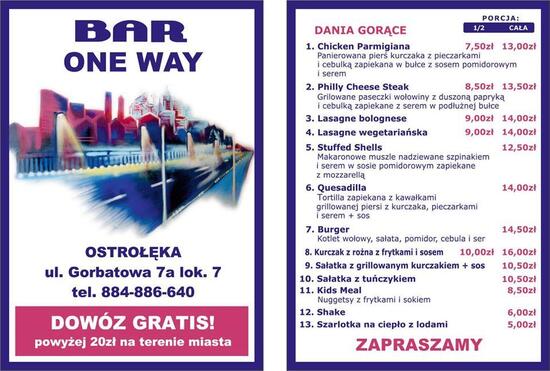 Menu at ONE WAY BAR, Ostroleka