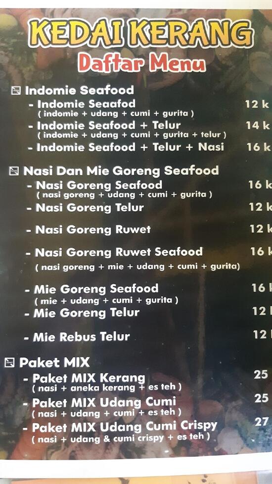 Menu at Kedai Kerang restaurant, Karangjati
