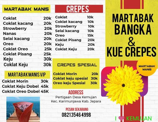 Menu at MARTABAK BANGKA KEMUJAN restaurant, Karimunjawa