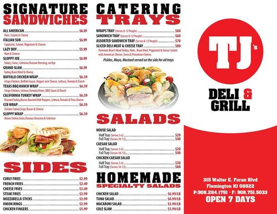 Menu at TJ's Deli & Grill restaurant, Flemington
