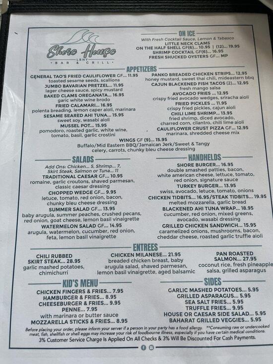 Menu at Shore House Bar & Grill, Long Beach