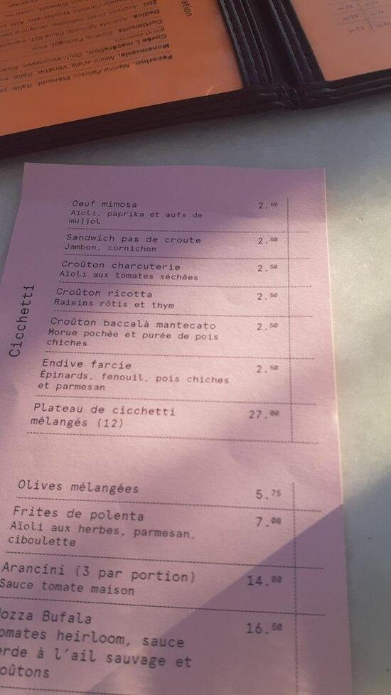 Menu au Bar Cicchetti, Montréal