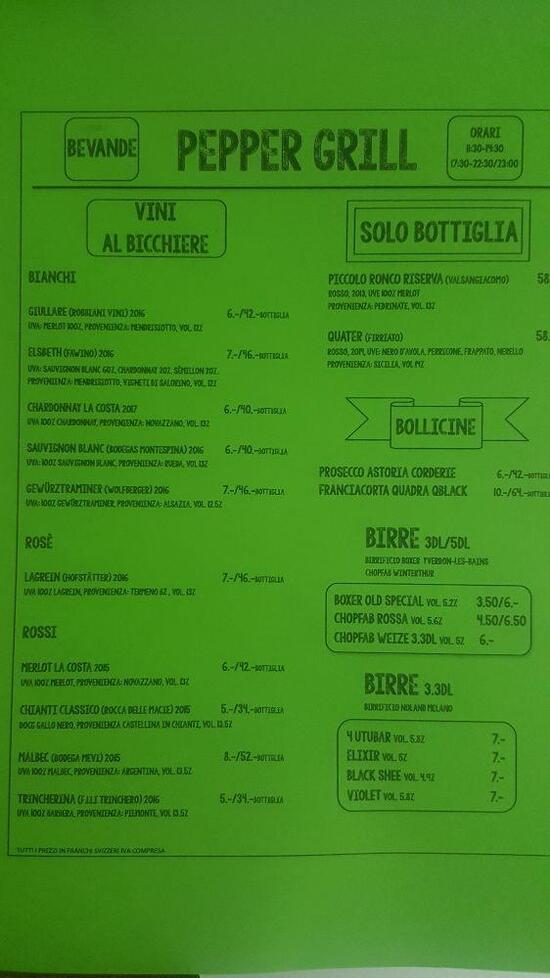 Menu da Pepper Grill, Melano