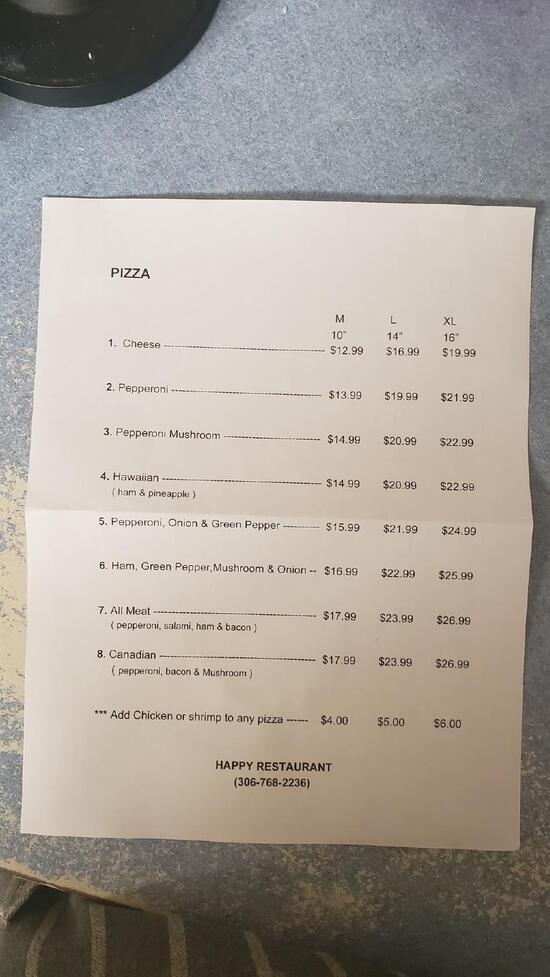 Menu at Happy Restaurant, Carrot River