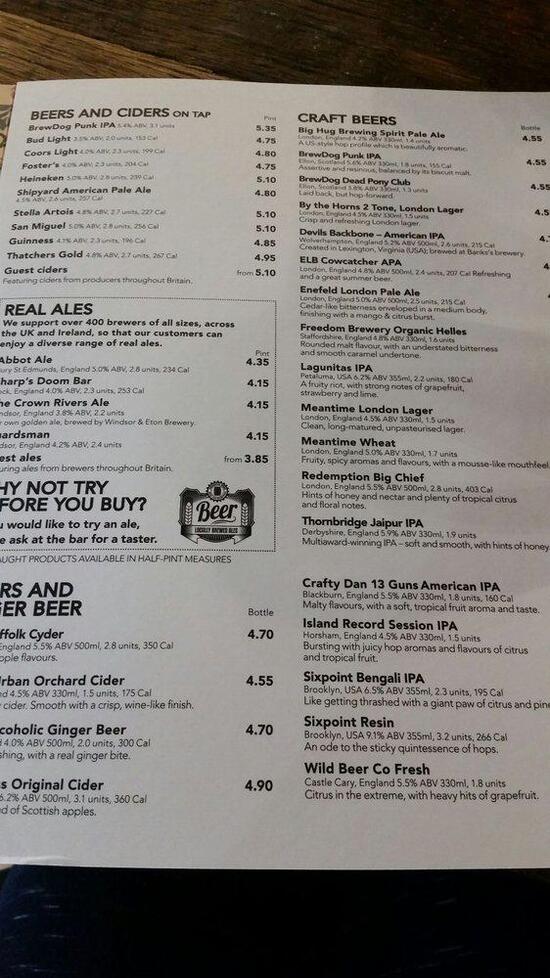 Menu at Wetherspoon Express pub & bar, London, Heathrow Airport