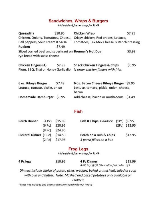 Menu at Stoney Point Sportsmen's Club, Lakeshore