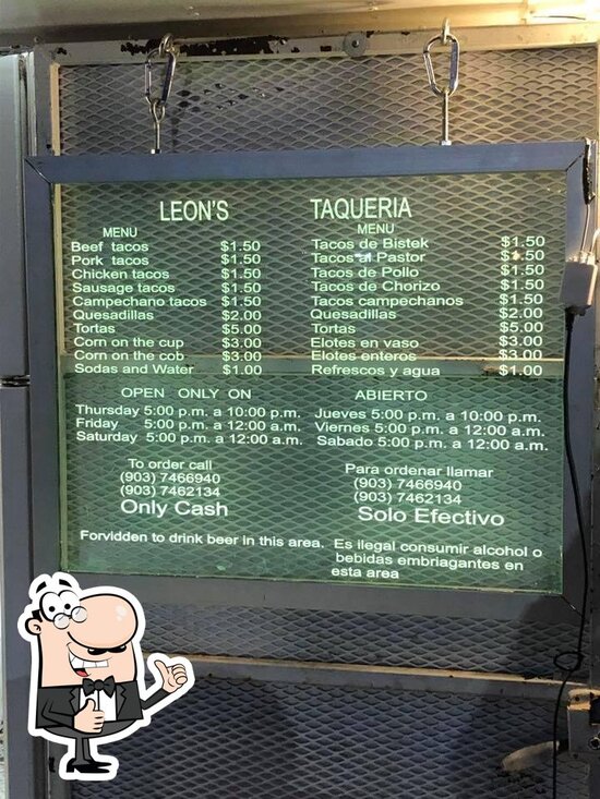 Menu at Tacos Leons restaurant, Longview