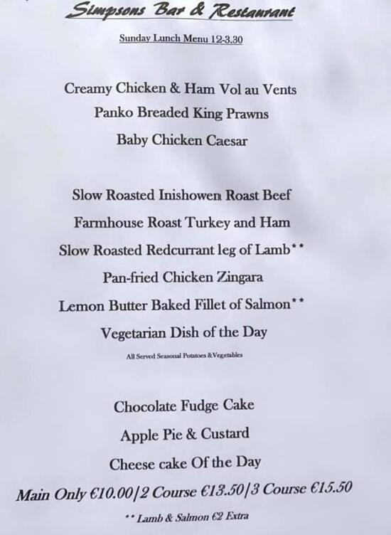 Menu at Simpsons Bar & Restaurant / Oliver’s restaurant, Carndonagh