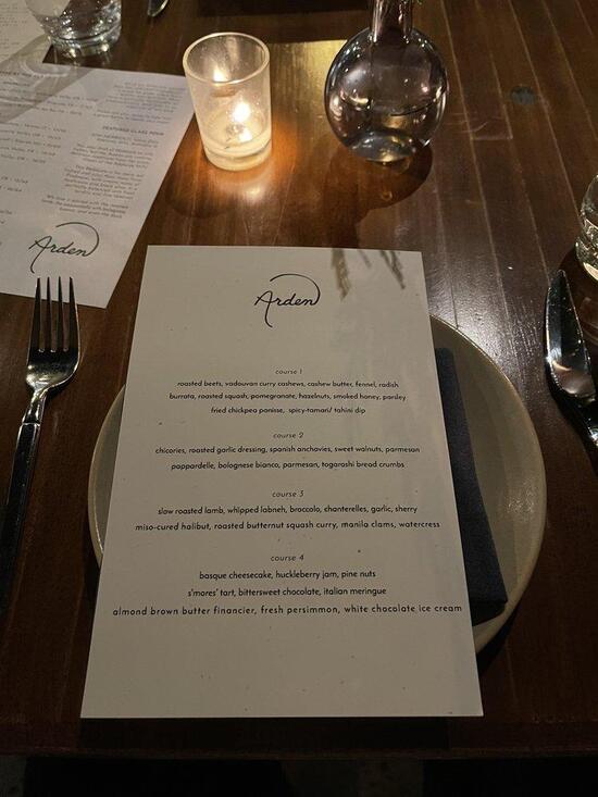 Menu at Arden Restaurant Portland, Portland