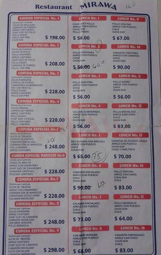 Menu at MIRAWA restaurant, Tijuana, Blvd. Gustavo Diaz Ordaz 1351