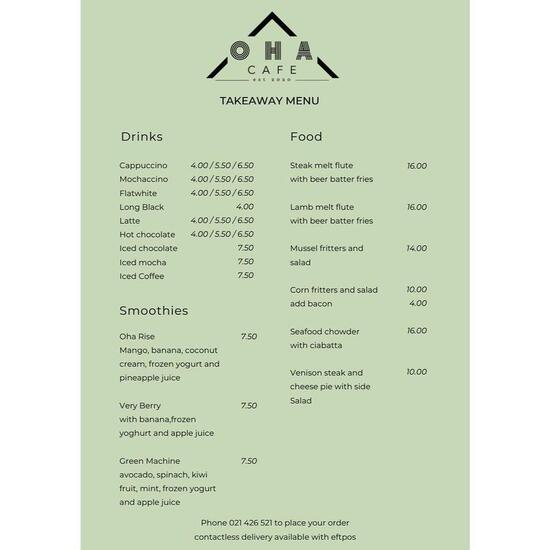 Menu at OHA Cafe, Waiuku