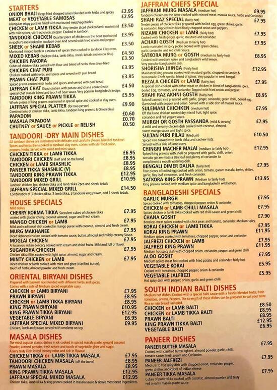 Menu at Jaffran Indian Restaurant and Takeaway, Freshwater