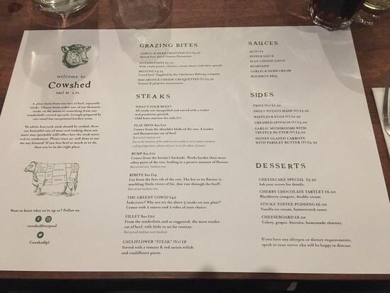 Menu at Cowshed Liverpool steakhouse, Liverpool