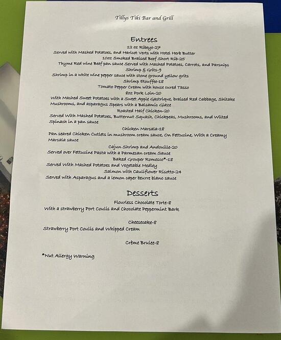 Carta de Tilly’s Tiki Bar and Grill, Gumlog