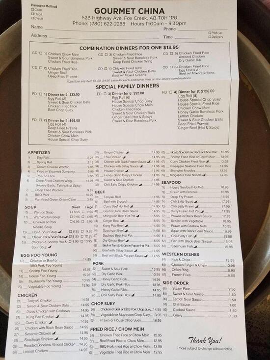 Menu at Gourmet China restaurant, Fox Creek