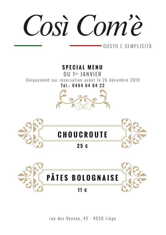 Menu at Cosi Com'e, Liège