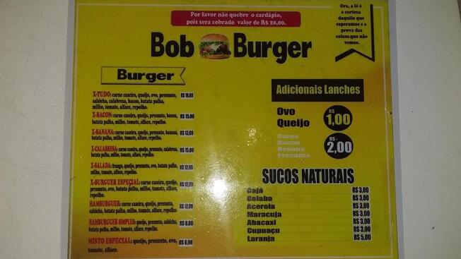 Menu at Bob Burger restaurant, Brazil