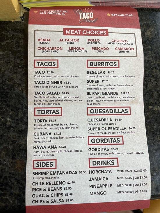Menu at Authentic Taco restaurant, Elk Grove Village, Nerge Rd