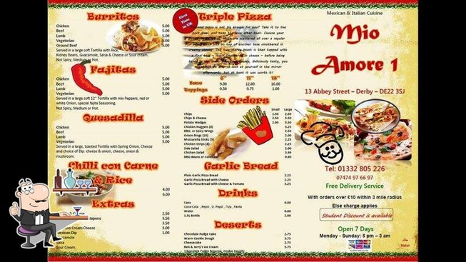 Menu at Mio Amore restaurant, Derby