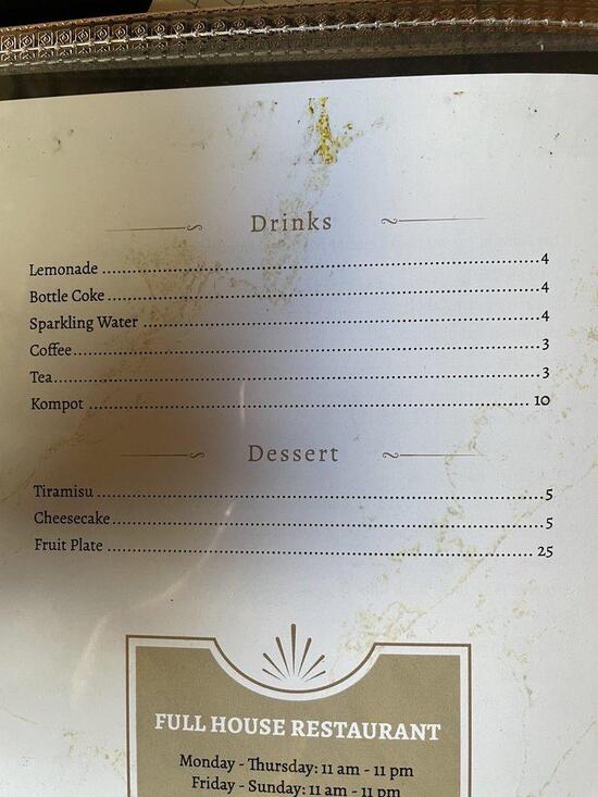Menu at Full House Restaurant, Los Angeles