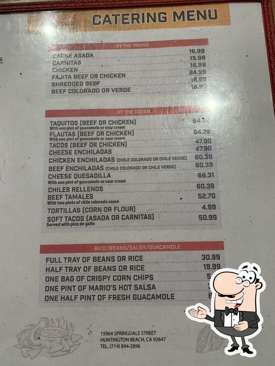 Menu at Mario's Mexican Restaurant, Huntington Beach, Springdale St