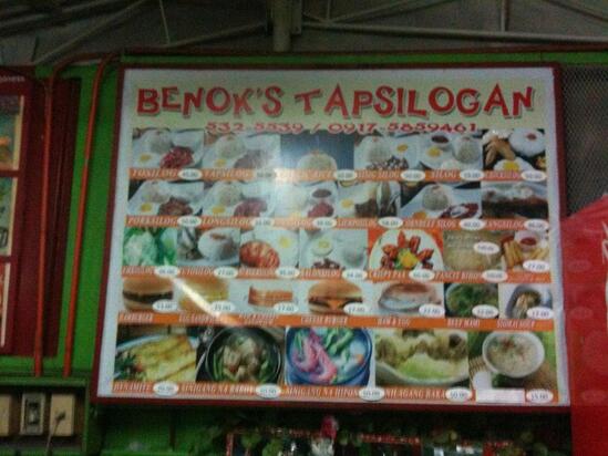 Menu at Benok's Tapsilogan restaurant, Mandaluyong