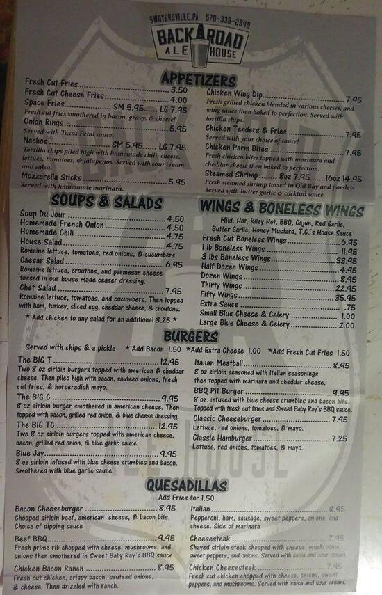 Menu at Back Road Ale House pub & bar, Swoyersville