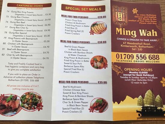 Menu at Ming Wah fast food, Rotherham, 67 Meadowhall Rd