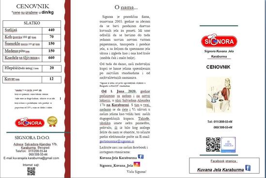 Menu au Kuvana jela Signora Karaburma restaurant, Belgrade