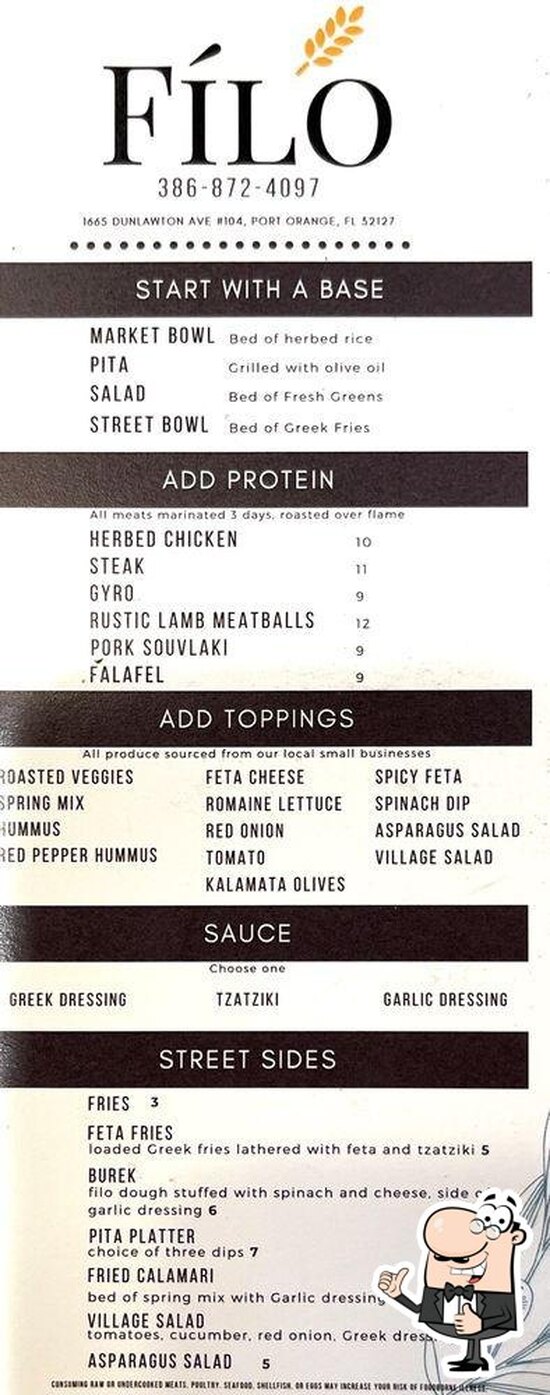 Menu at Filo Greek restaurant, Port Orange