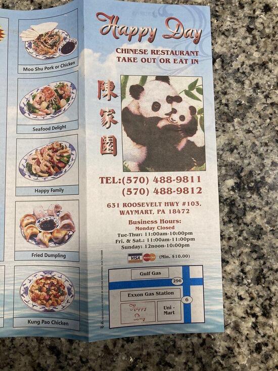 Menu at Happy Day restaurant, Waymart