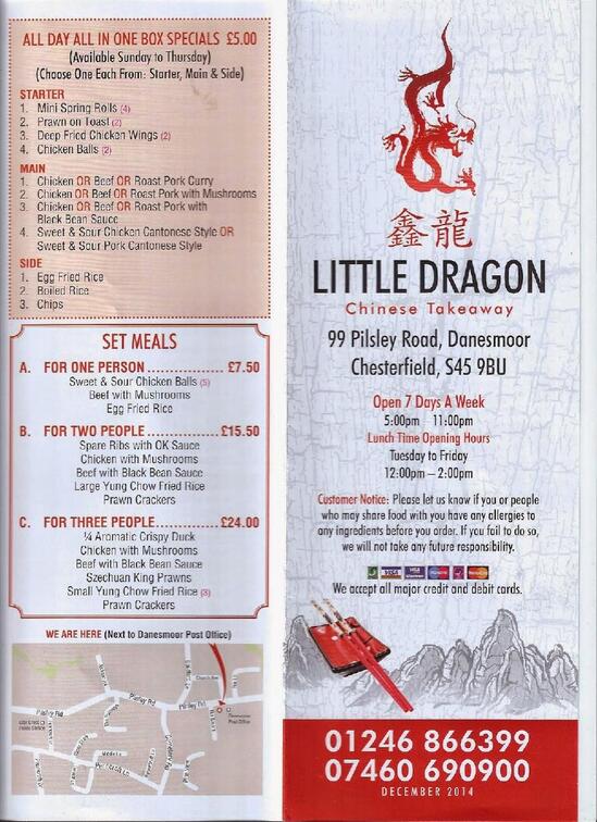 Menu at Little Dragon chinese take away restaurant, North Wingfield