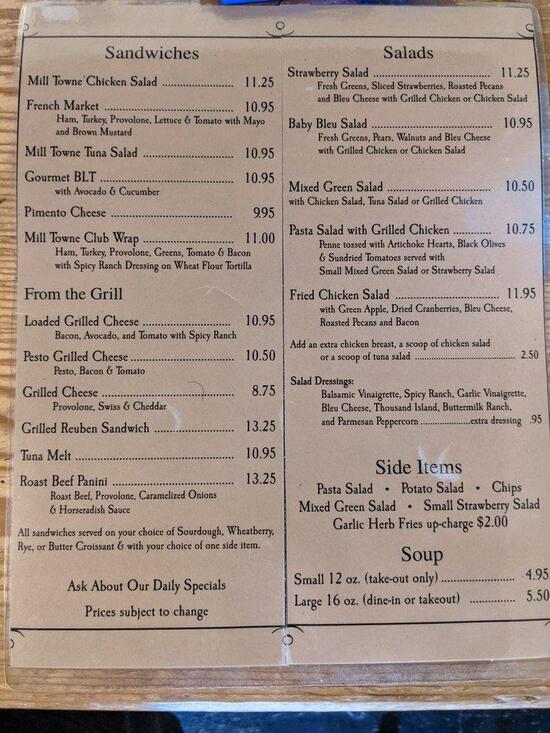Menu at Mill Towne Gourmet desserts, Griffin
