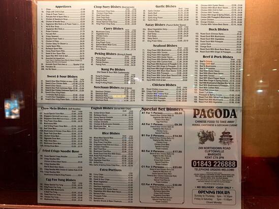 Menu at Pagoda Chinese Take Away fast food, Margate