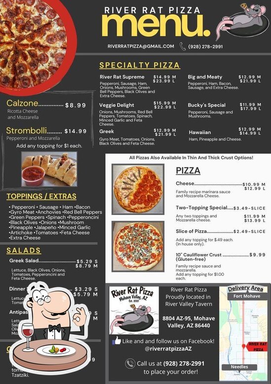 Carta de pizzería River Valley Pizza, Mohave Valley