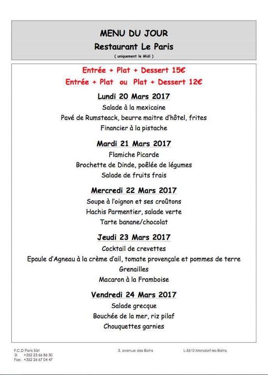 Menu at Le Paris restaurant, Mondorf-les-Bains, 3 Av. des Bains