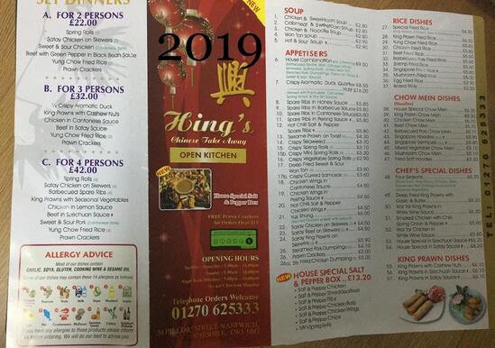 Menu at Hing's Chinese Takeaway restaurant, Nantwich