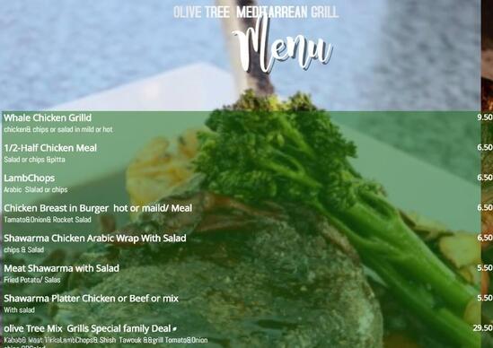 Carta de Olive tree meditarrean grill, Reino Unido