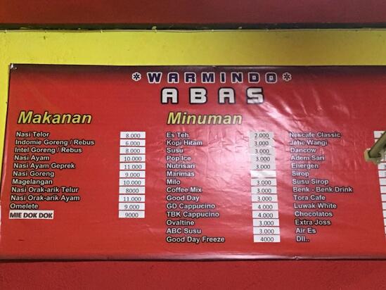 Menu at Burjo Abas restaurant, Depok