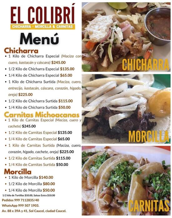 Carta del restaurante Chicharronería El Colibrí, Sol Caucel, Cd Caucel ...
