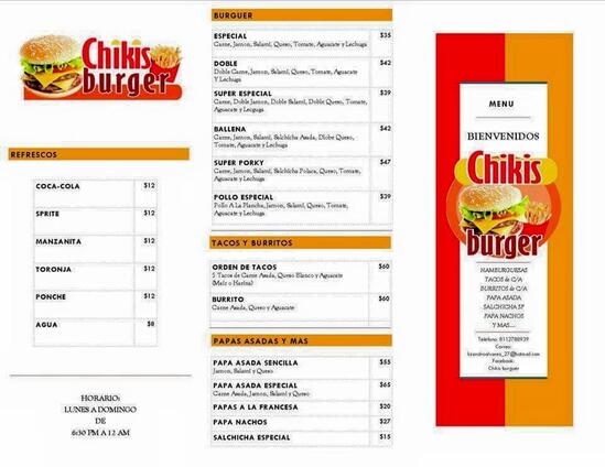 Carta del restaurante Chikis Burguer, Monterrey