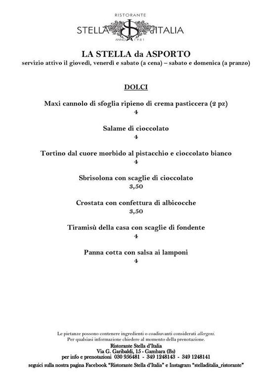 Menu da Ristorante Stella D'Italia, Gambara
