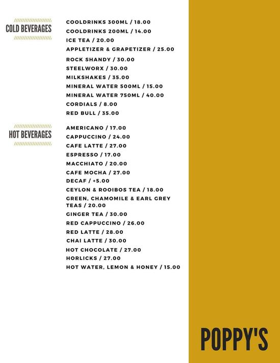 Menu at Poppy's Restaurant, Randburg, Corner Beyers Naude Drive and