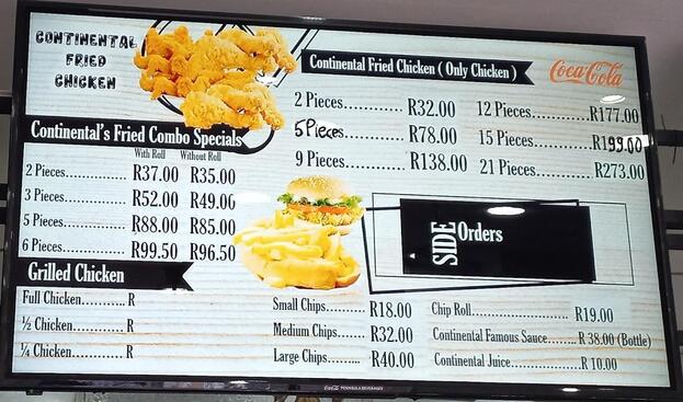 Menu at CONTINENTAL FRIED CHICKEN restaurant, Cape Town